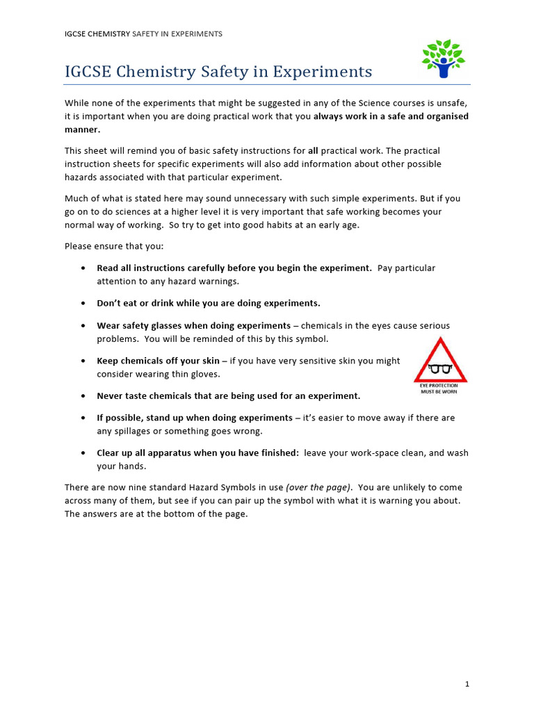 IGCSE Chemistry Experiment Safety | PDF | Experiment | Hazards