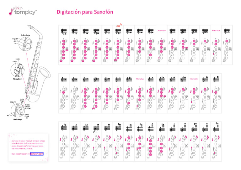 Digitación para El Saxofón - Notas y Posiciones Do2 - Do4 | PDF