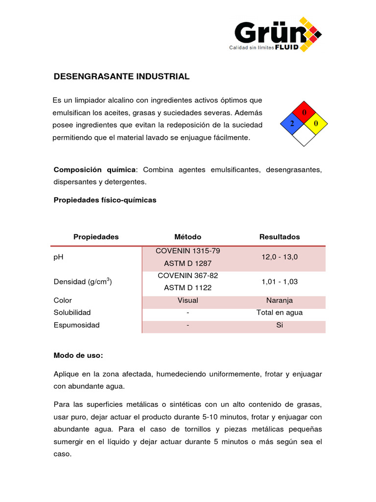 Desengrasante Industrial: Ficha Técnica | PDF