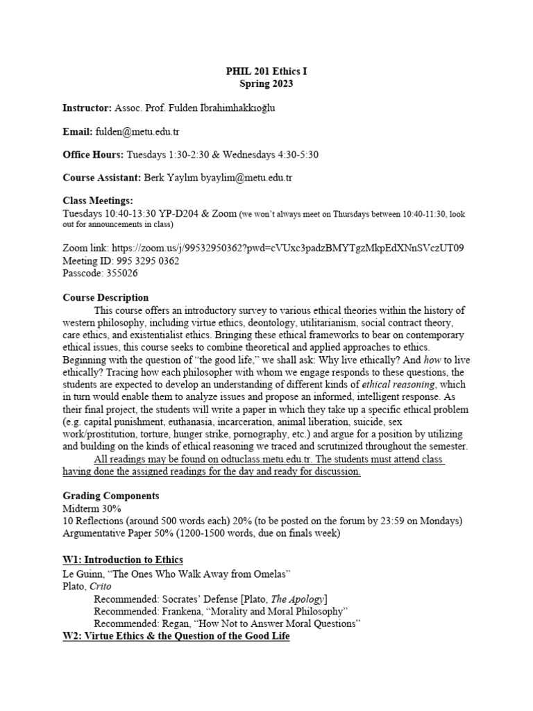 Intro to Ethics Course Spring 2023 | PDF | Virtue Ethics | Justice