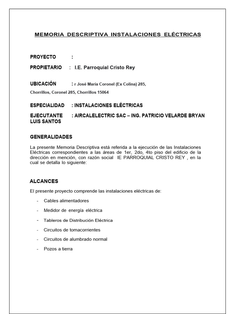 MEMORIA DESCRIPTIVA INSTALACIONES ELECTRICAS (1) Final1 | PDF | Cobre | Conductor electrico