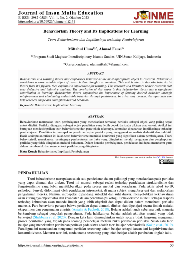 Behaviorism Theory And Its Implications For Learni Pdf