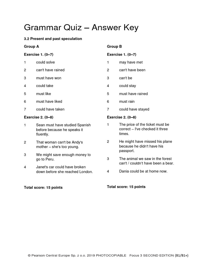 Focus 3 Grammar Quiz Answer Key | PDF