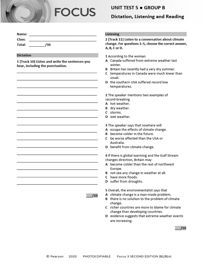 Focus3 2E Unit Test Dictation Listening Reading Unit5 GroupB | PDF ...
