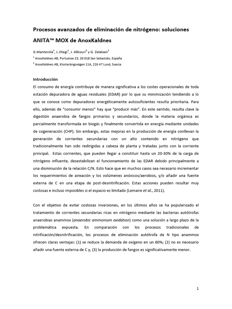 Procesos Avanzados de Eliminación de Nitrógeno-Soluciones Anita-Mox ...