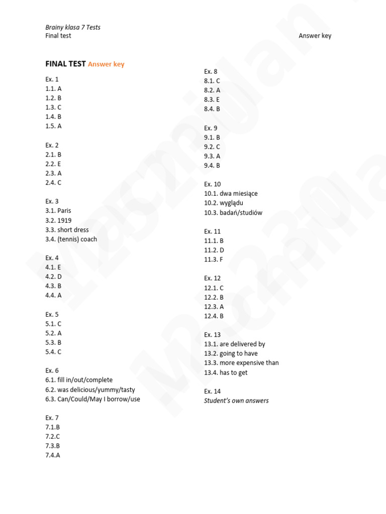 Brainy kl7 Final Test Answer Key | PDF
