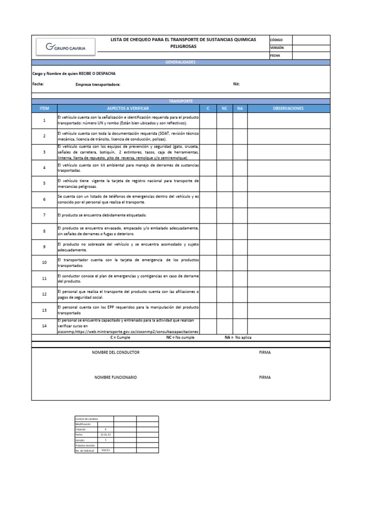 Anexo 10. Lista de Chequeo para Transporte de Sustancias Químicas Peligrosas | Descargar gratis ...