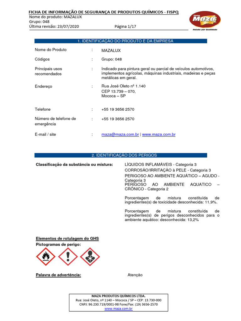 FISPQ do Produto Químico MAZALUX | PDF | Química | Ciências Físicas