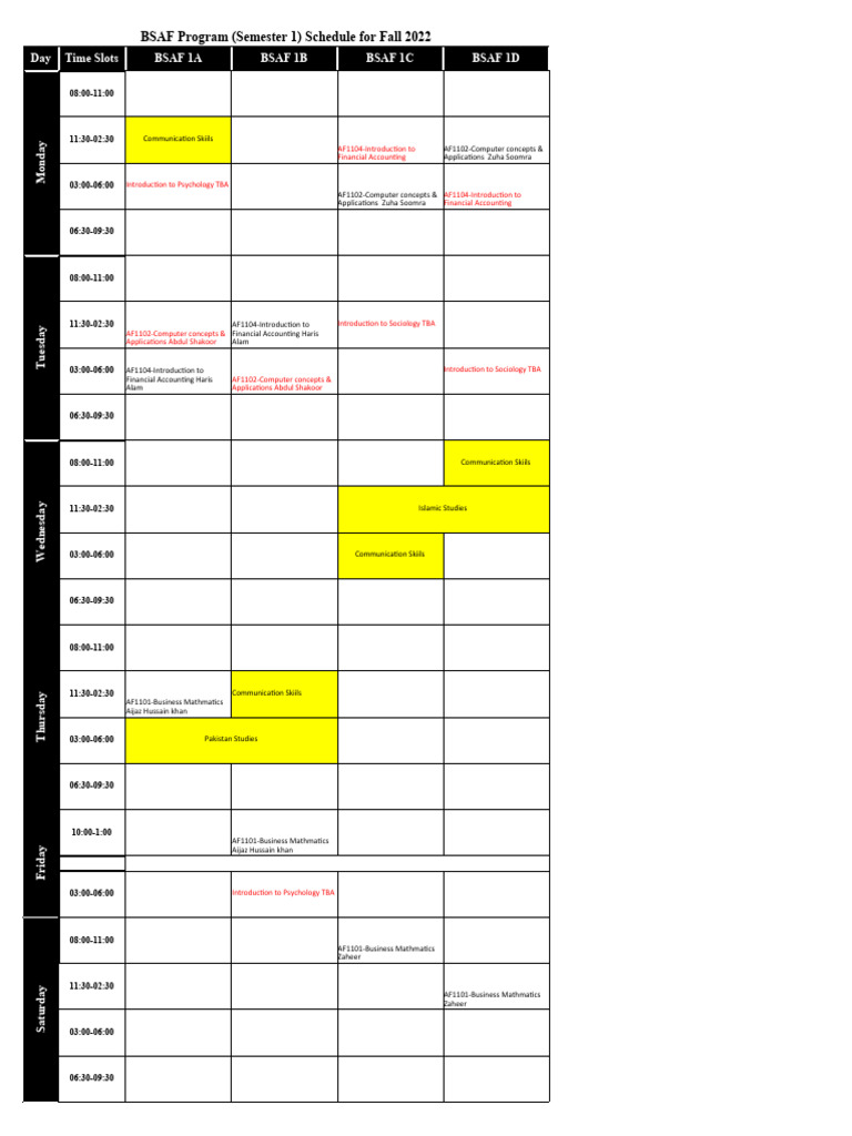 BSAF Program Classes Schedule For Fall 2023 2 | PDF