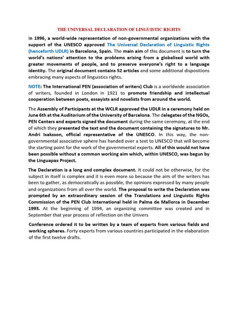 The Universal Declaration of Linguistic Rights | PDF