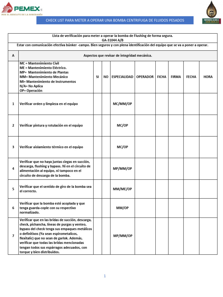 Check List para Meter A Operar Bomba | Descargar gratis PDF | Bomba ...