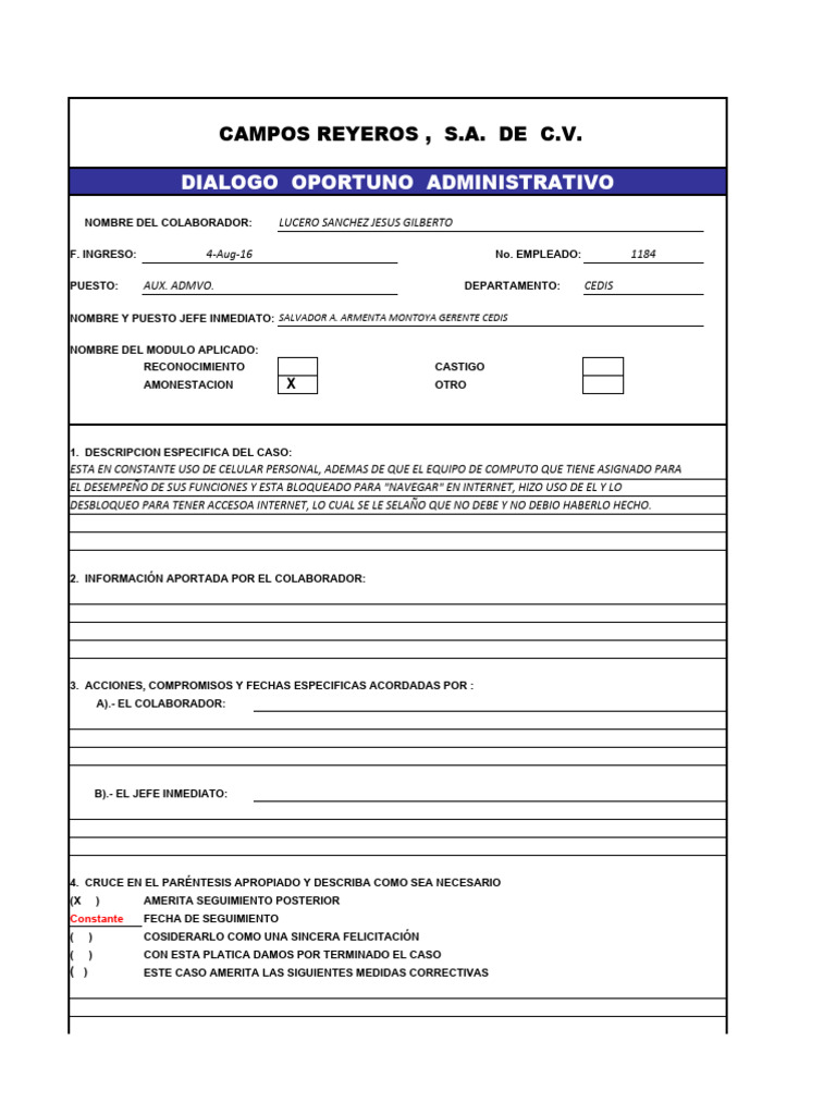 Dialogo Oportuno Formato de Disciplina Progresiva | PDF