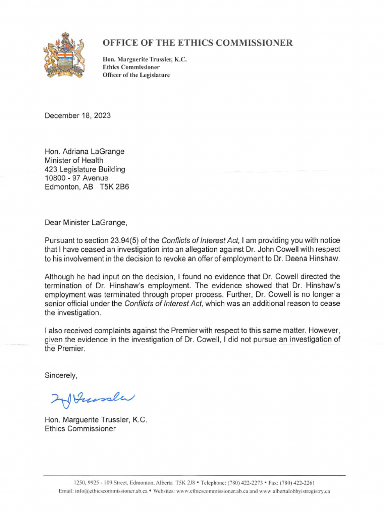 Ethics Commissioner Letter To Health Minister | PDF