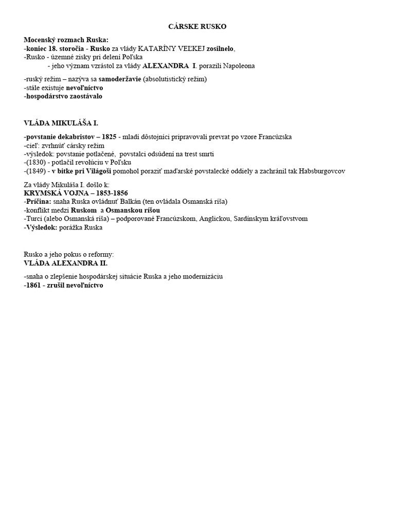CÁRSKE RUSKO - Poznámky Pre Žiakov | PDF