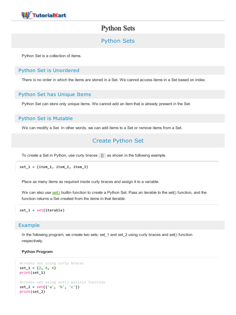 Python Sets | PDF | Python (Programming Language) | Function (Mathematics) Python Sets | PDF | Python (Programming Language) | Function (Mathematics)