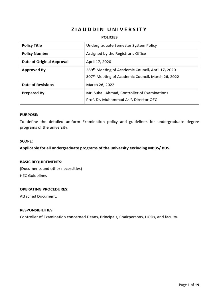 Ziauddin University Undergraduate Examination Policy 2022 | PDF | Course Credit | Academic Term