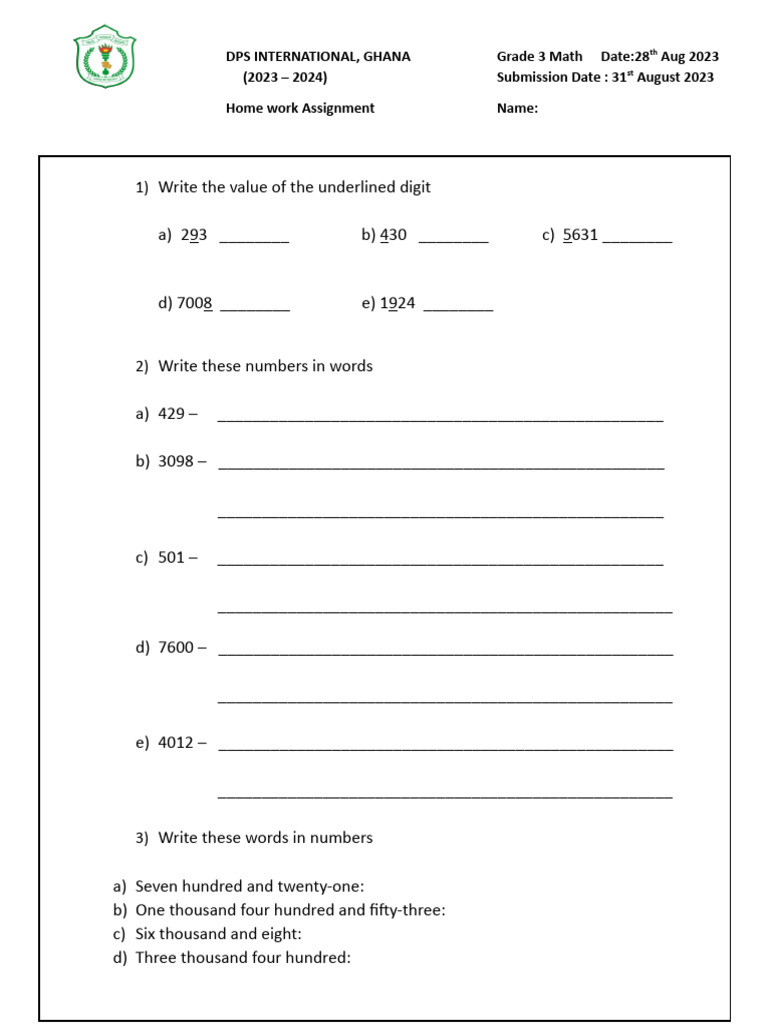 Number System Grade 3 28th Aug 2023 | PDF