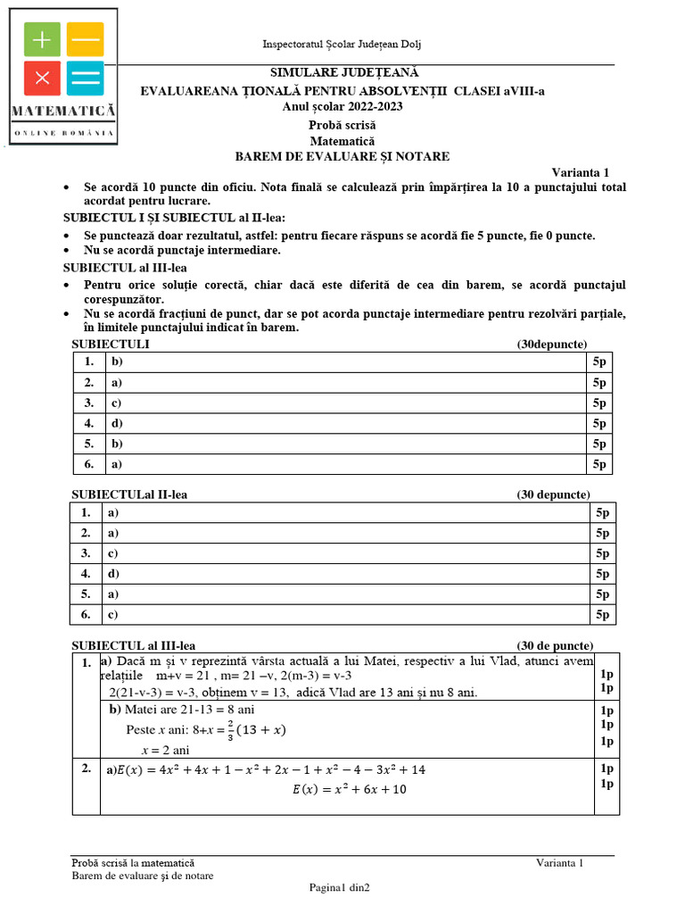 17-Barem SIMULARE DJ-En VIII 07.02 2023-Www - Matematicaromania | PDF