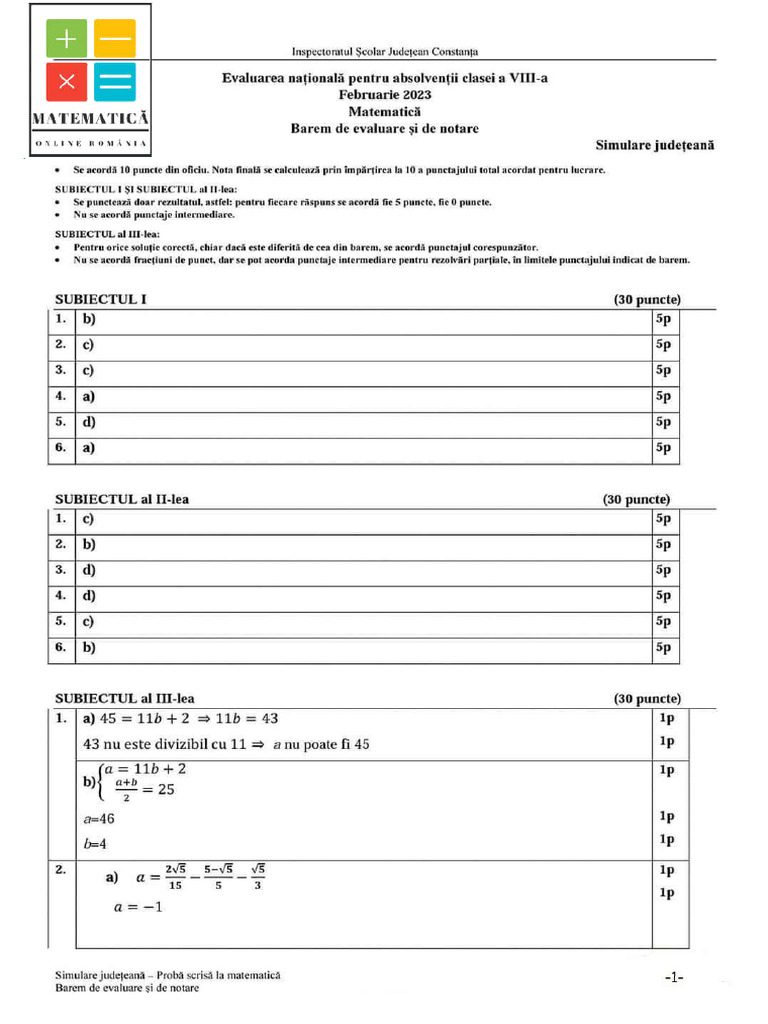 22 BAREM Matematica 28-02-2023 Simulare Judetena ISJ Constanta en 2023 Clasa A 8 A Bar PDF WWW ...