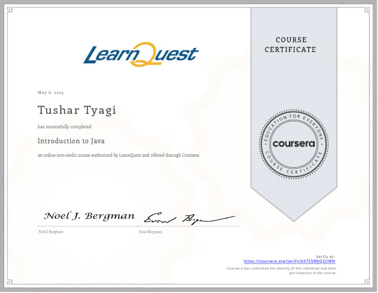 Tushar Java Coursera Certificate | PDF Tushar Java Coursera Certificate | PDF
