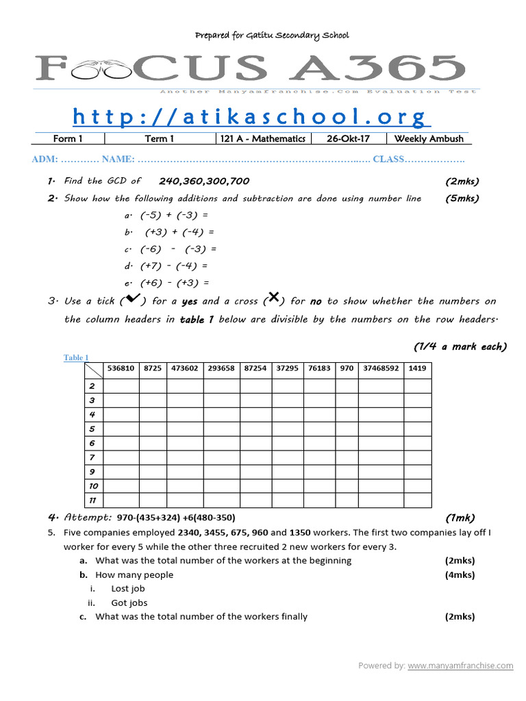 Mathematics Form 1 Term 1-001 | PDF