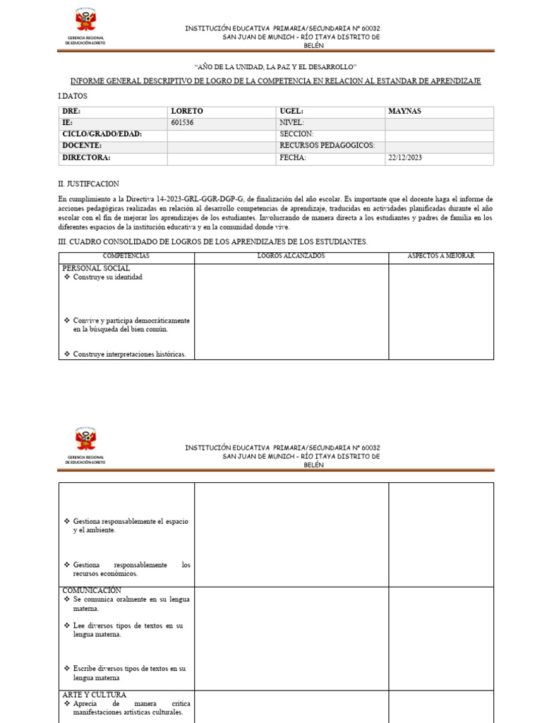 Modelo de Informe de Logro de Competencias 1 | PDF | Educación primaria | Aprendizaje