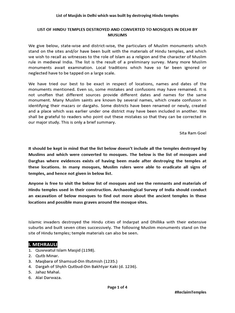 Delhi List of Mosques Built by Destroying Temples | PDF | Art