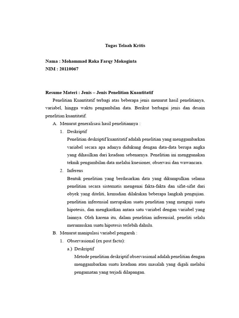 Tugas Telaah Kritis - Resume Jenis Penelitian Kuantitatif (Mohammad ...