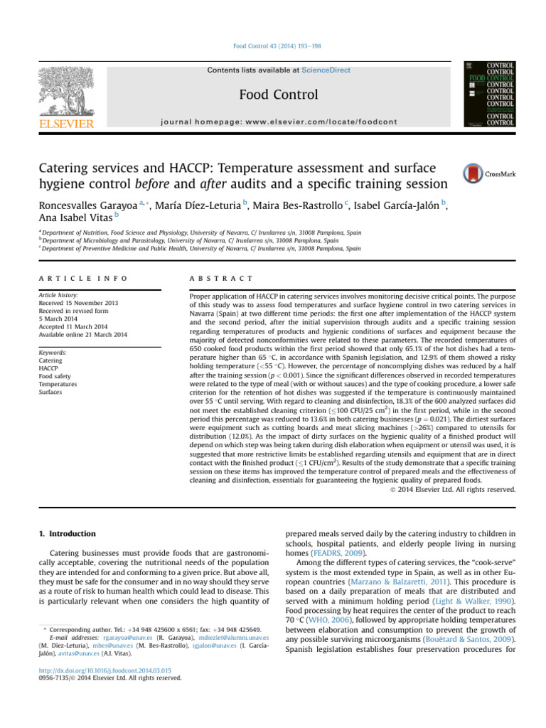 Catering Services and Haccp-Temperature Assessment and Surface Hygiene ...