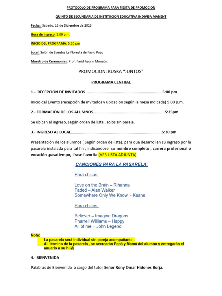 PROTOCOLO DE PROGRAMA PARA FIESTA DE PROMOCION SECUNDARIA. KUSKA. Rev ...