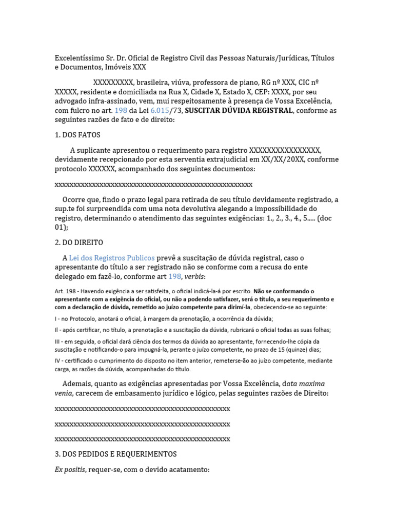 Modelo para Peticao Suscitacao de Duvida Registral Junto Ao Cartorio Extrajudicial | PDF ...