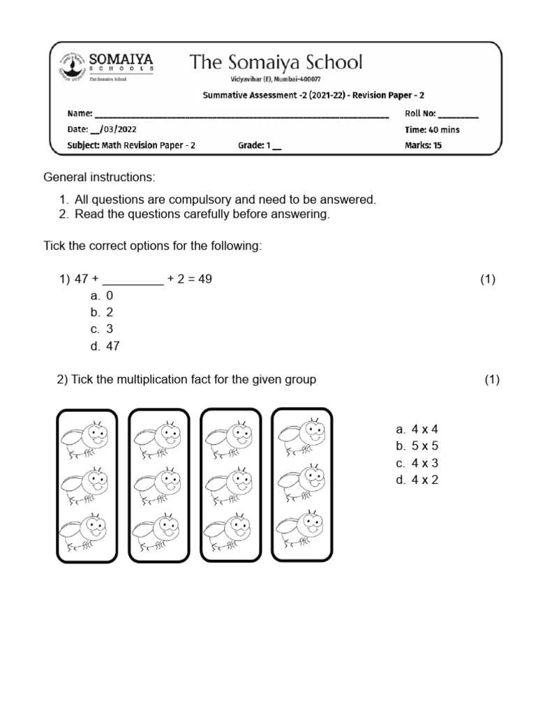 Somaiya - STD 1 (2021-22) - Practice Paper 1 (Q) | PDF