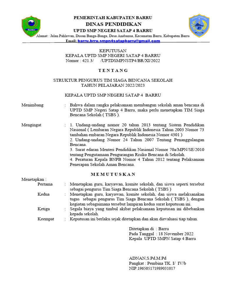 Contoh SK BPBD 9sekolah Tanggap Bencana) | PDF