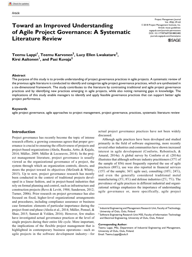 Agile Project Governance A Systematic Literature Review Pdf