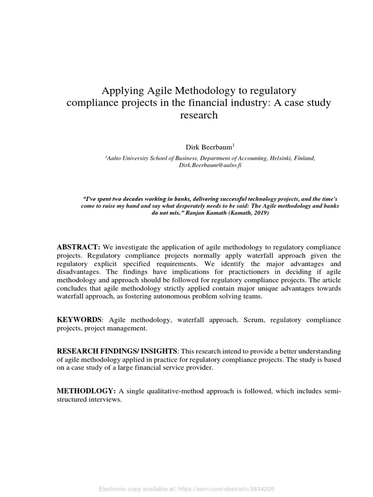 Applying Agile Methodology To Regulatory Compliance Projects in The ... Applying Agile Methodology To Regulatory Compliance Projects in The ...