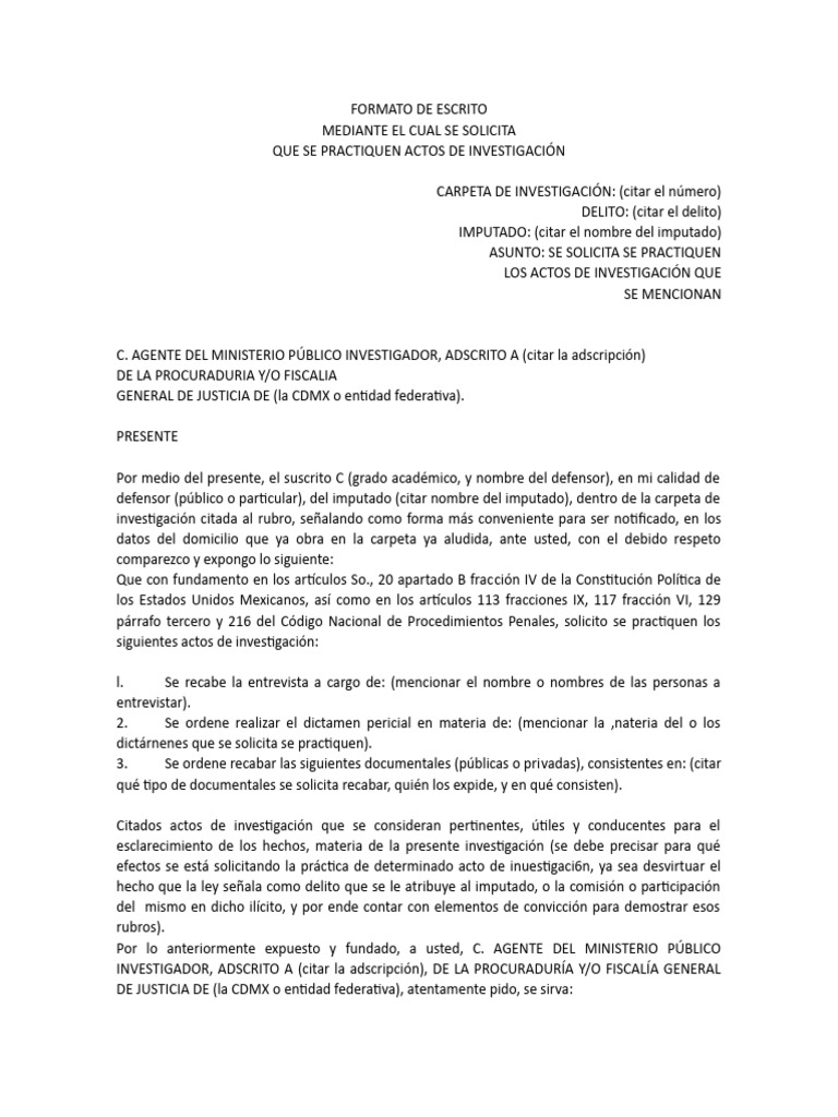 Formato de Escrito Mediante El Cual Se Solicita Que Se Practiquen Actos de La Investigación ...