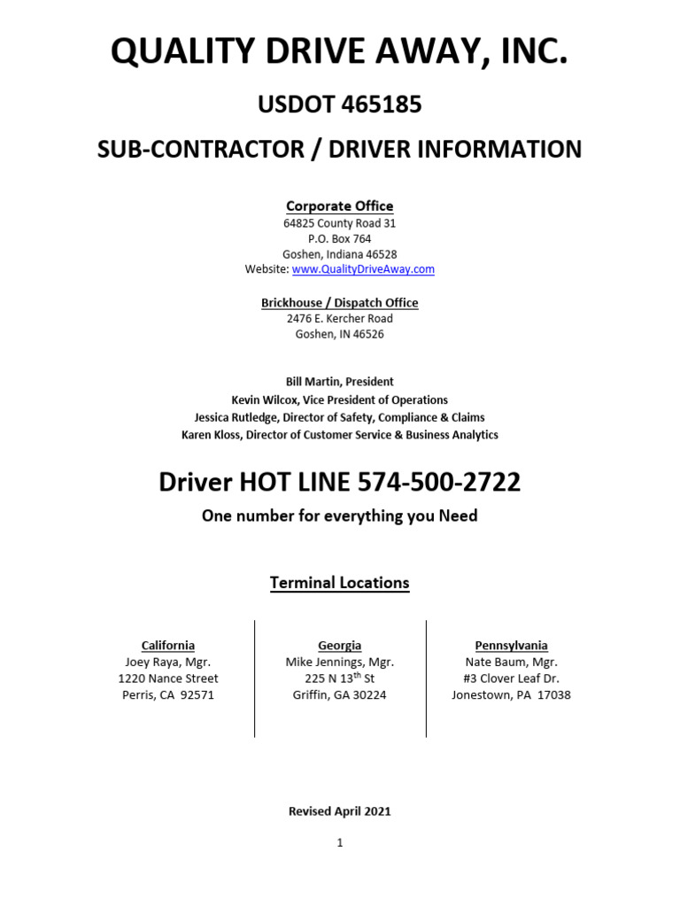 Quality Drive Away Driver Information Guide | PDF | Vehicles | Transport