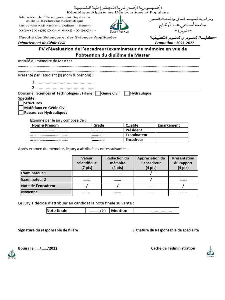 Modèle PV D'évaluation Des Mémoires Master GC 2021-2022 | PDF