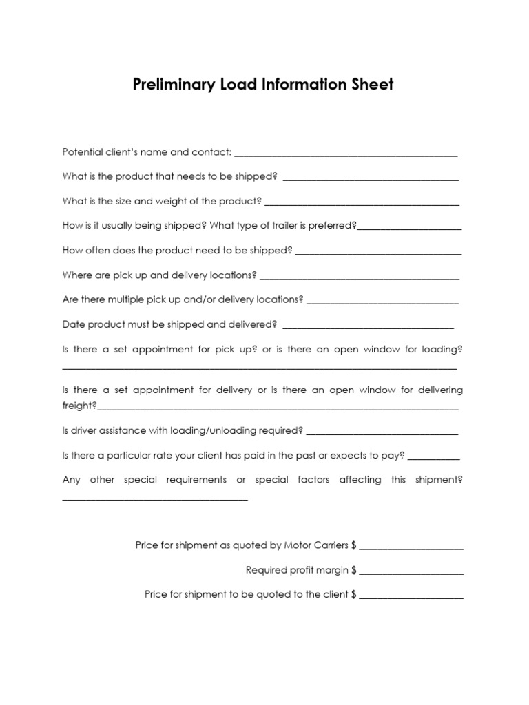 Preliminary Load Information Sheet | PDF