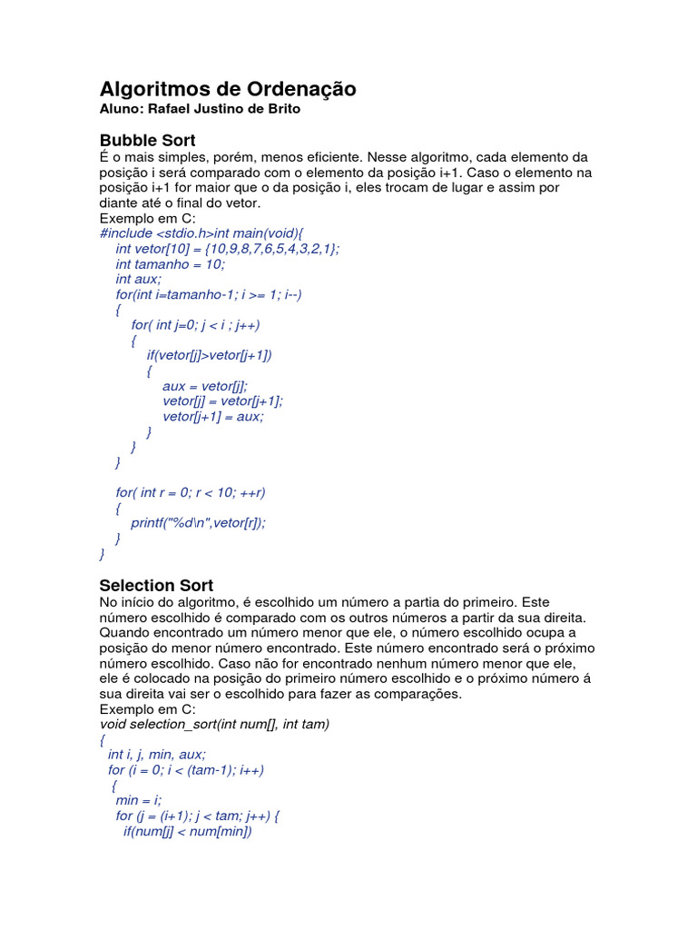 Algoritmos de Ordenação - Rafael Justino | PDF | Algoritmos e ...