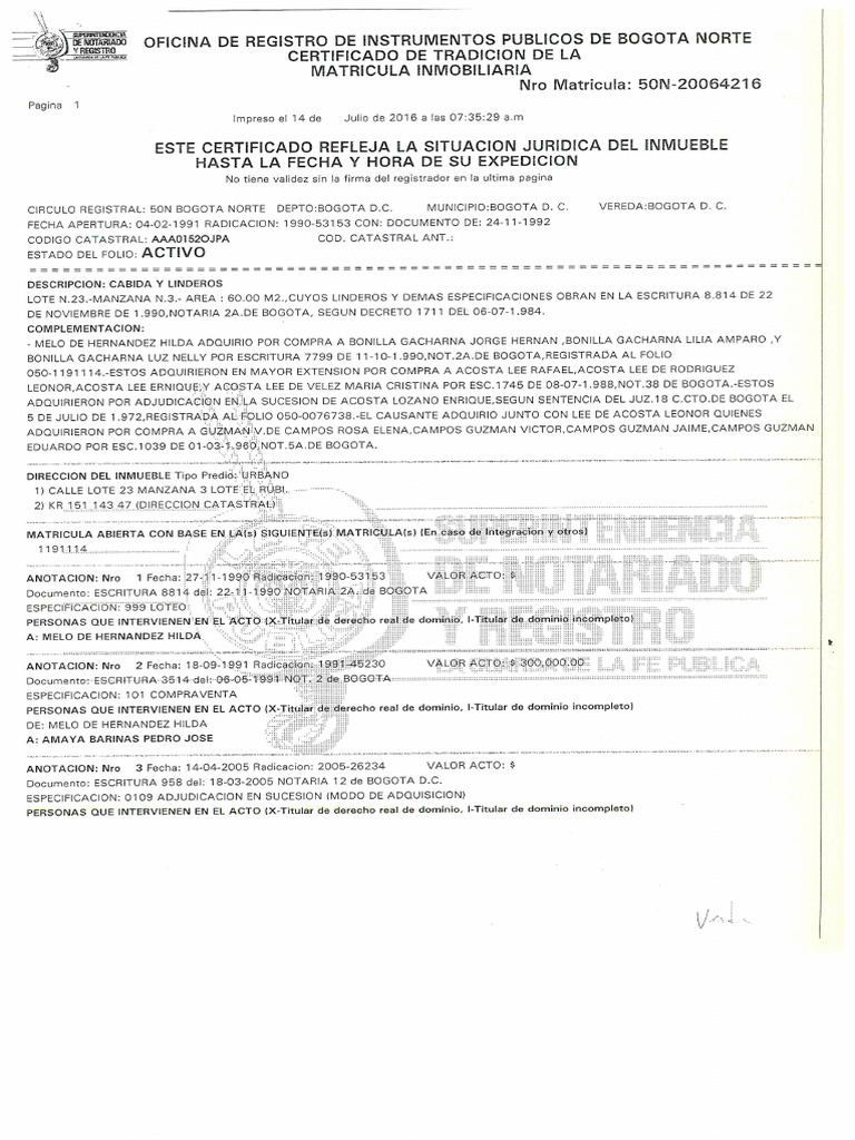 Modelo Certificado de Tradicion de La Matricula Inmobiliaria | PDF