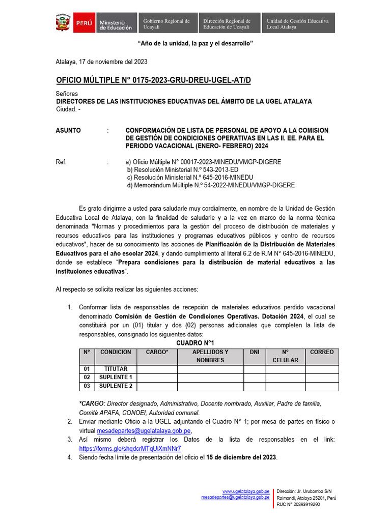 Oficio Multiple 175 2023 Remitir Lista De Responsable De Recepcion De