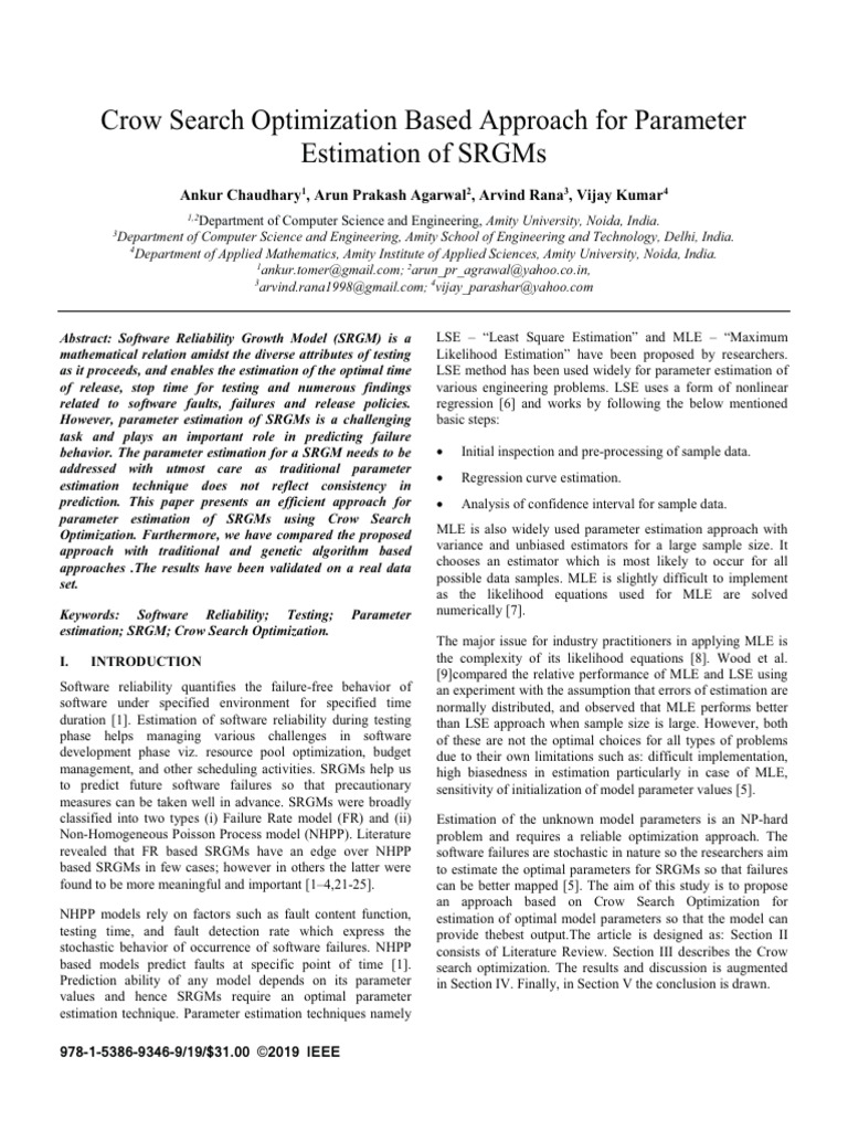 Crow Search Optimization Based Approach Pdf Estimation Theory Mathematical Optimization 4414