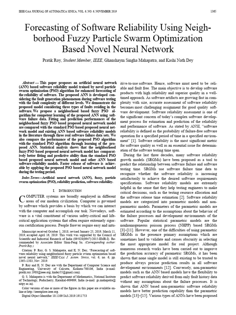 forecasting srgm using particle swarm NNN | PDF | Artificial Neural Network | Reliability ...