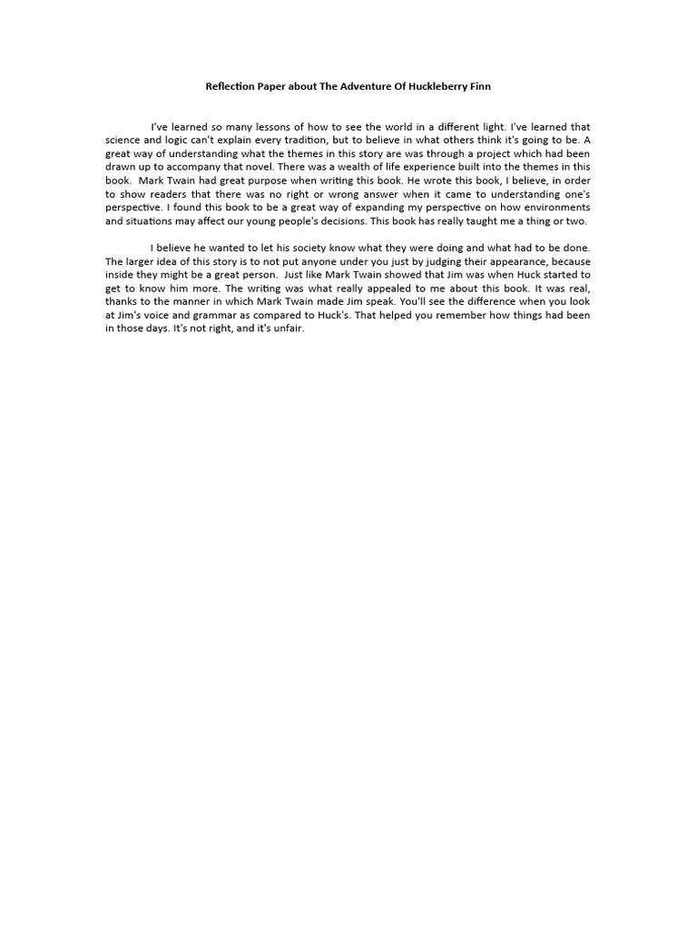 Reflection Paper About The Adventure of Huckleberry Finn | PDF