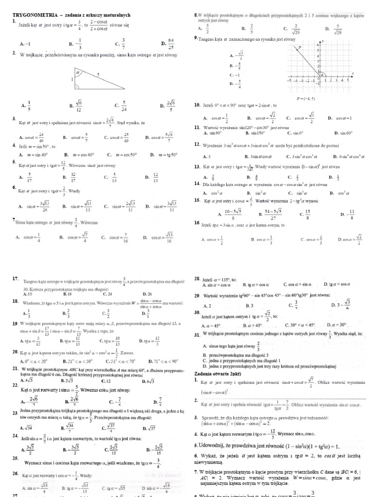 Trygonometria - Zad. Maturalne | PDF