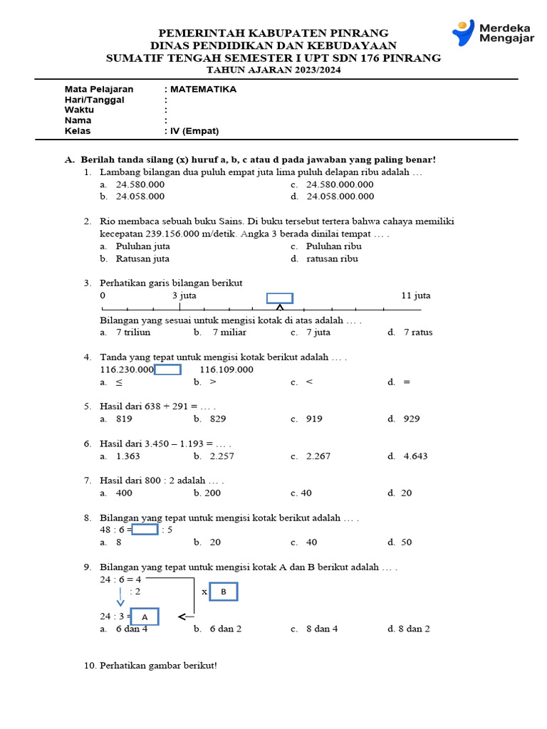 Soal STS 1 MTK Kelas 4 | PDF