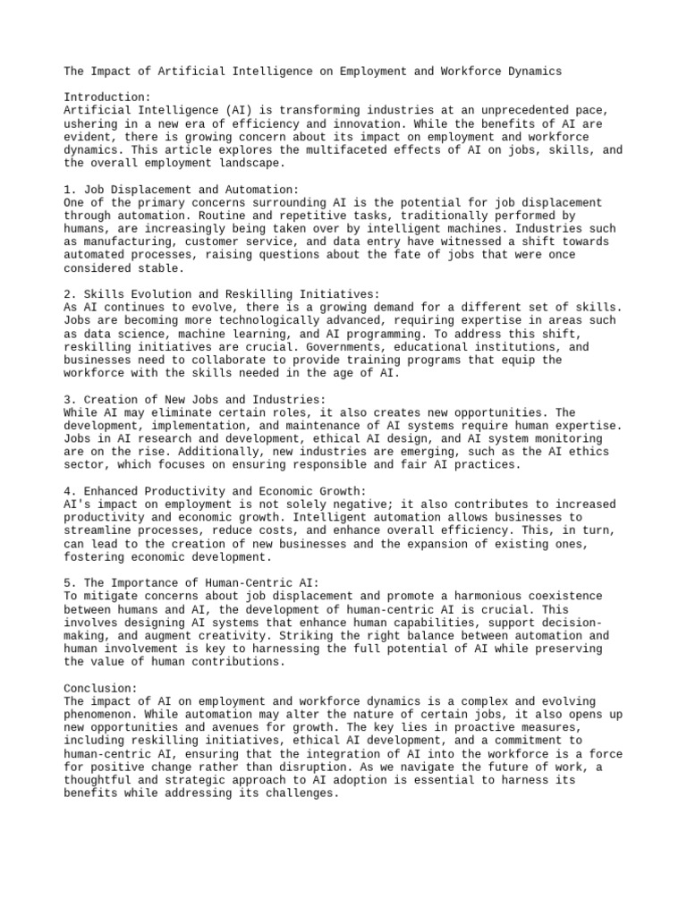 The Impact of Artificial Intelligence On Employment and Workforce ...