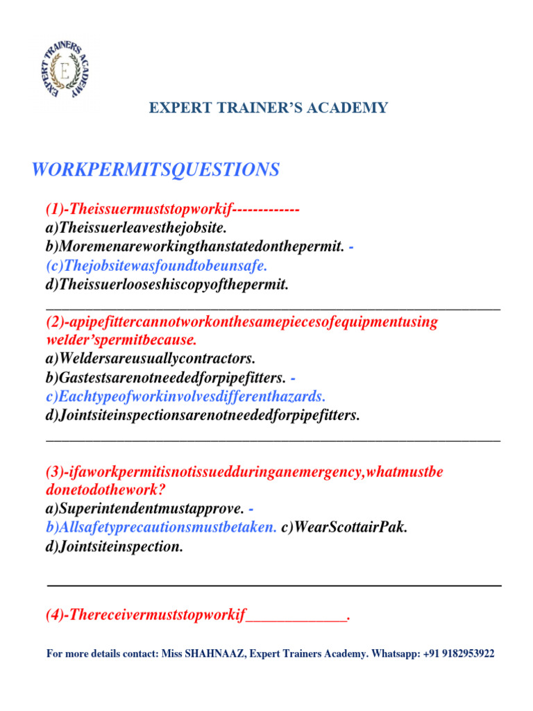 WORK PERMIT QUESTION SH | PDF | Safety | Occupational Safety And Health