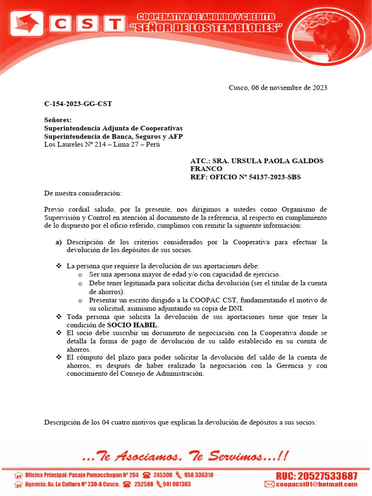 CARTA - CRITERIOS PARA DEVOLUCION DE DEPOSITOS | PDF | Cooperativa | Business